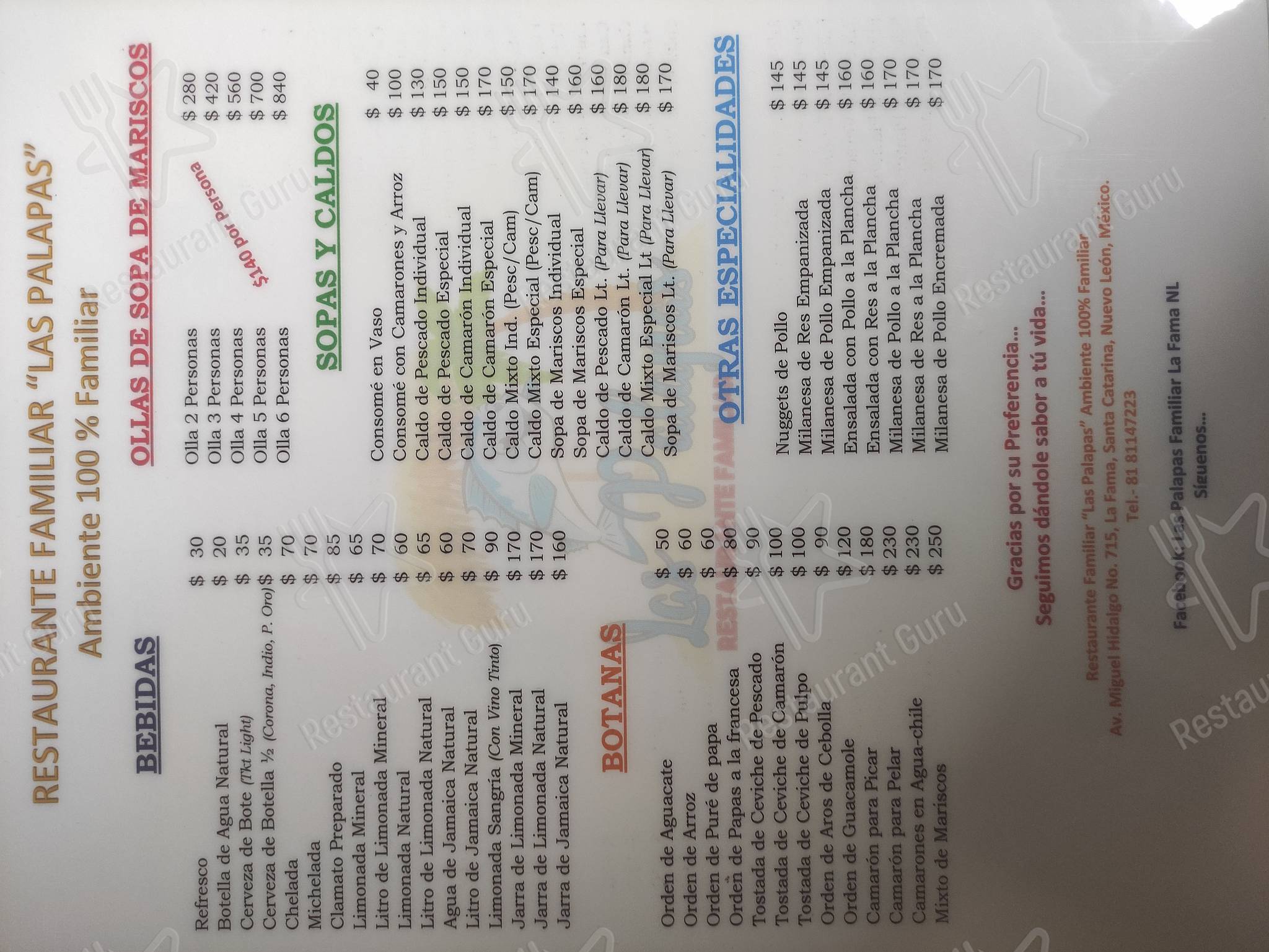 Carta de Las Palapas - Restaurant & Bar, Santa Catarina