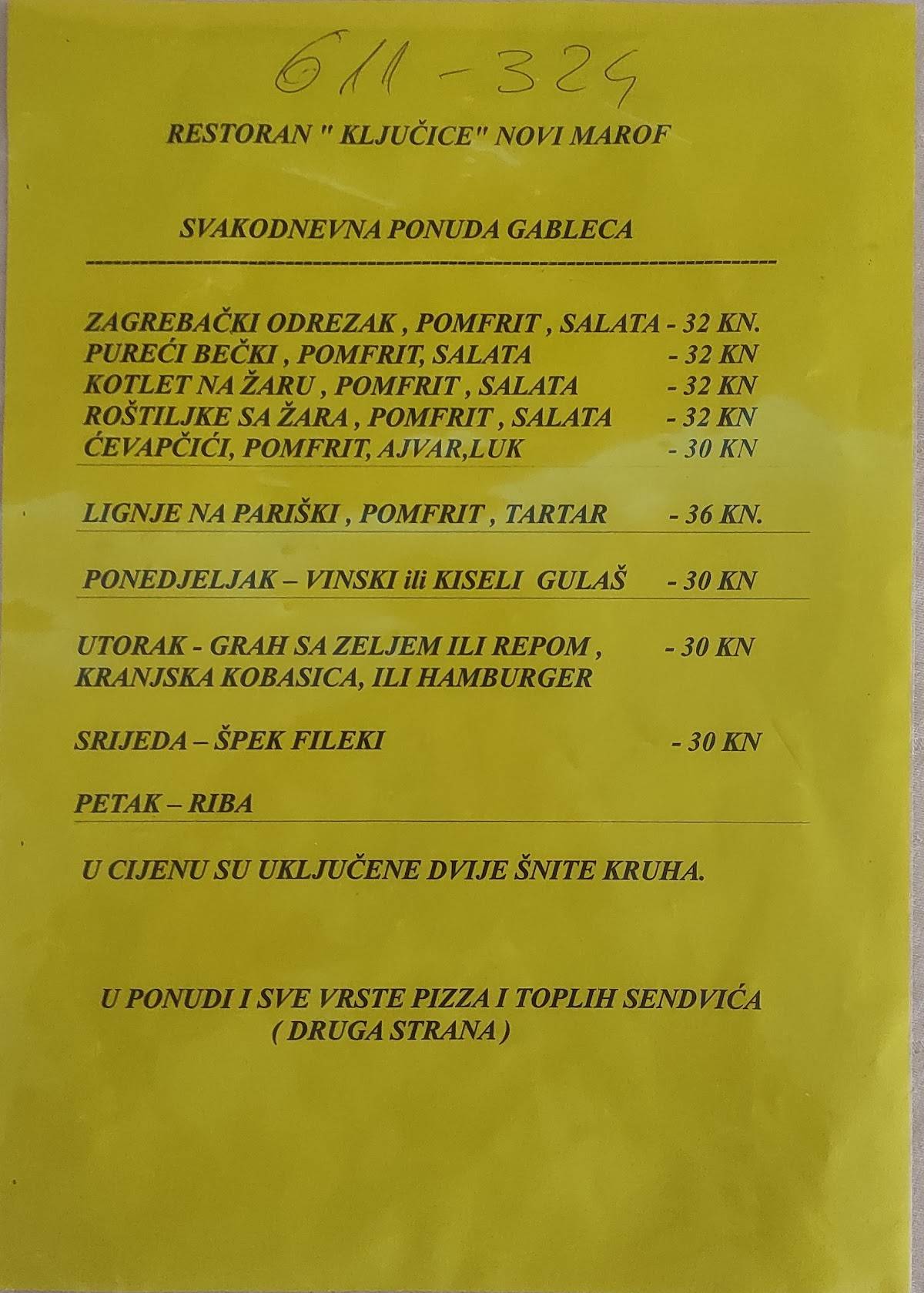 Menu at Restoran Ključice restaurant, Novi Marof
