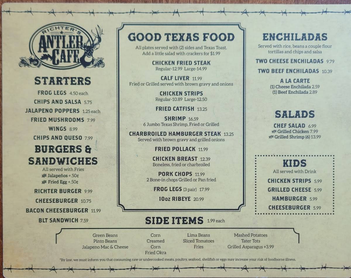 Menu at Richter's Antler Cafe, Spring Branch