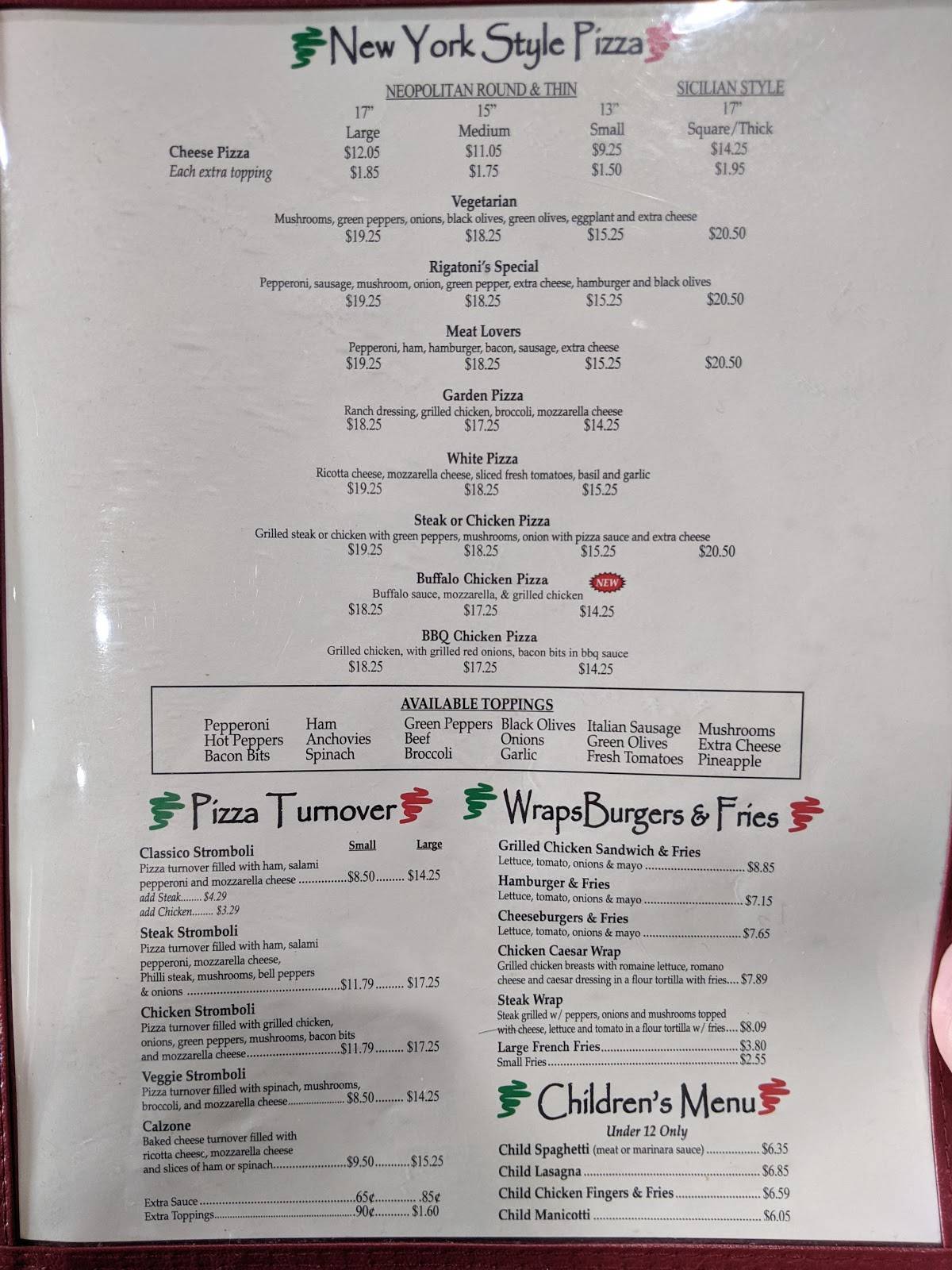 Menu at Rigatoni's Pizzeria & Italian, Pilot Mountain