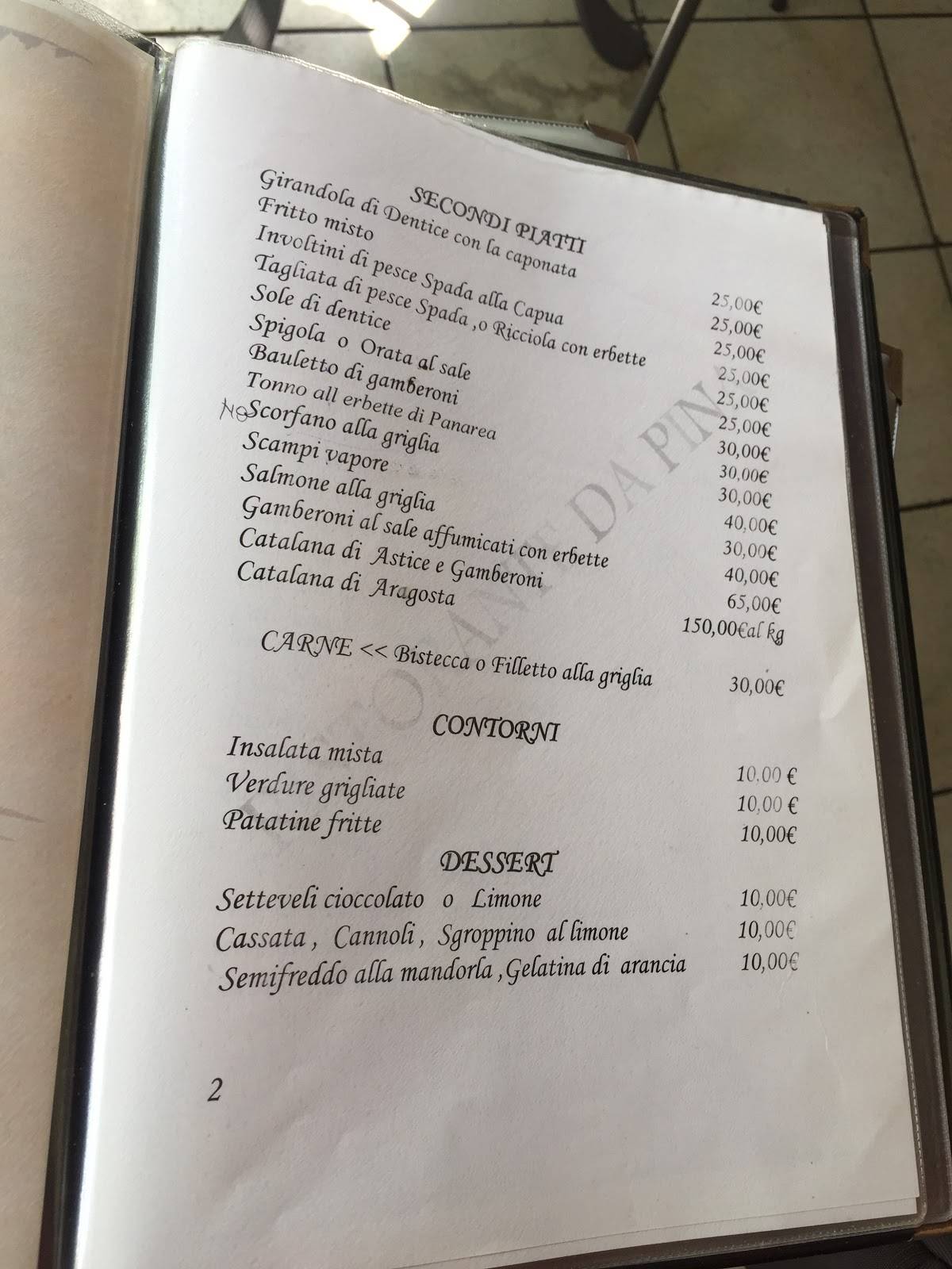 Menu da Ristorante Da Pina, Panarea