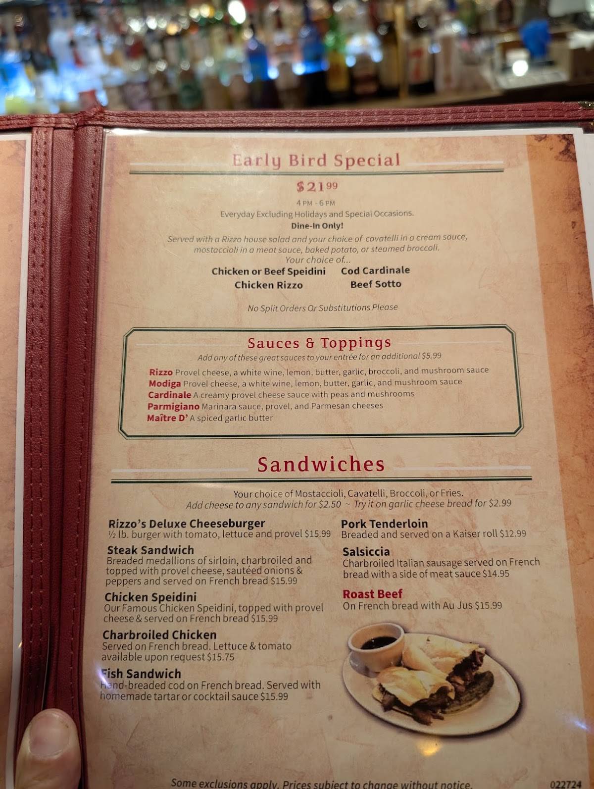 Menu at Rizzo's Italian Restaurant, St. Louis, Lemay Ferry Rd