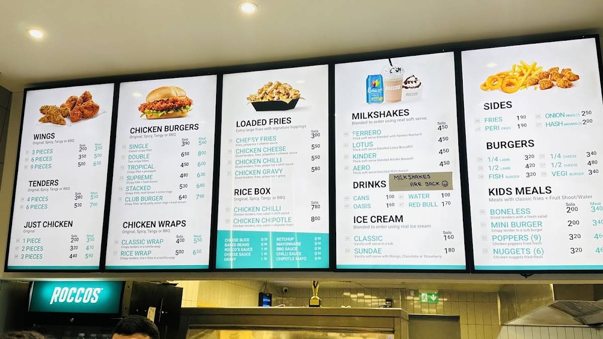 Menu at Rocco’s Chicken restaurant, Manchester