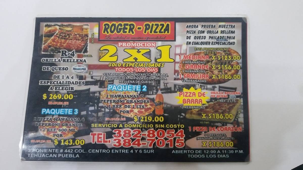 Menu at Roger's Pizzas restaurant, Tehuacán