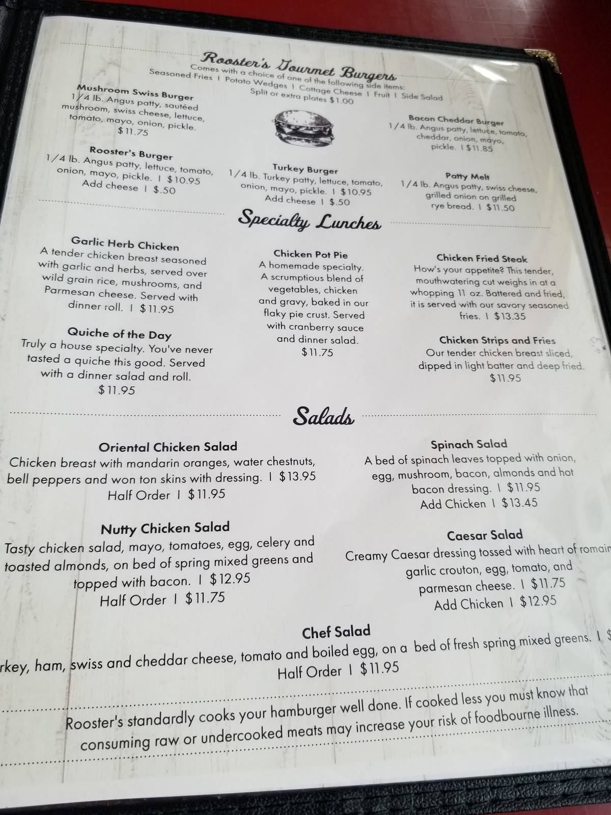 Menu at Rooster's Restaurant, Medford
