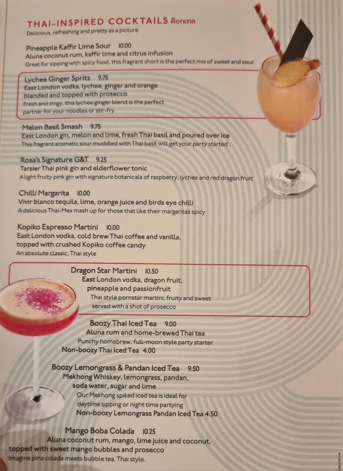 Menu at Rosa's Thai restaurant, London