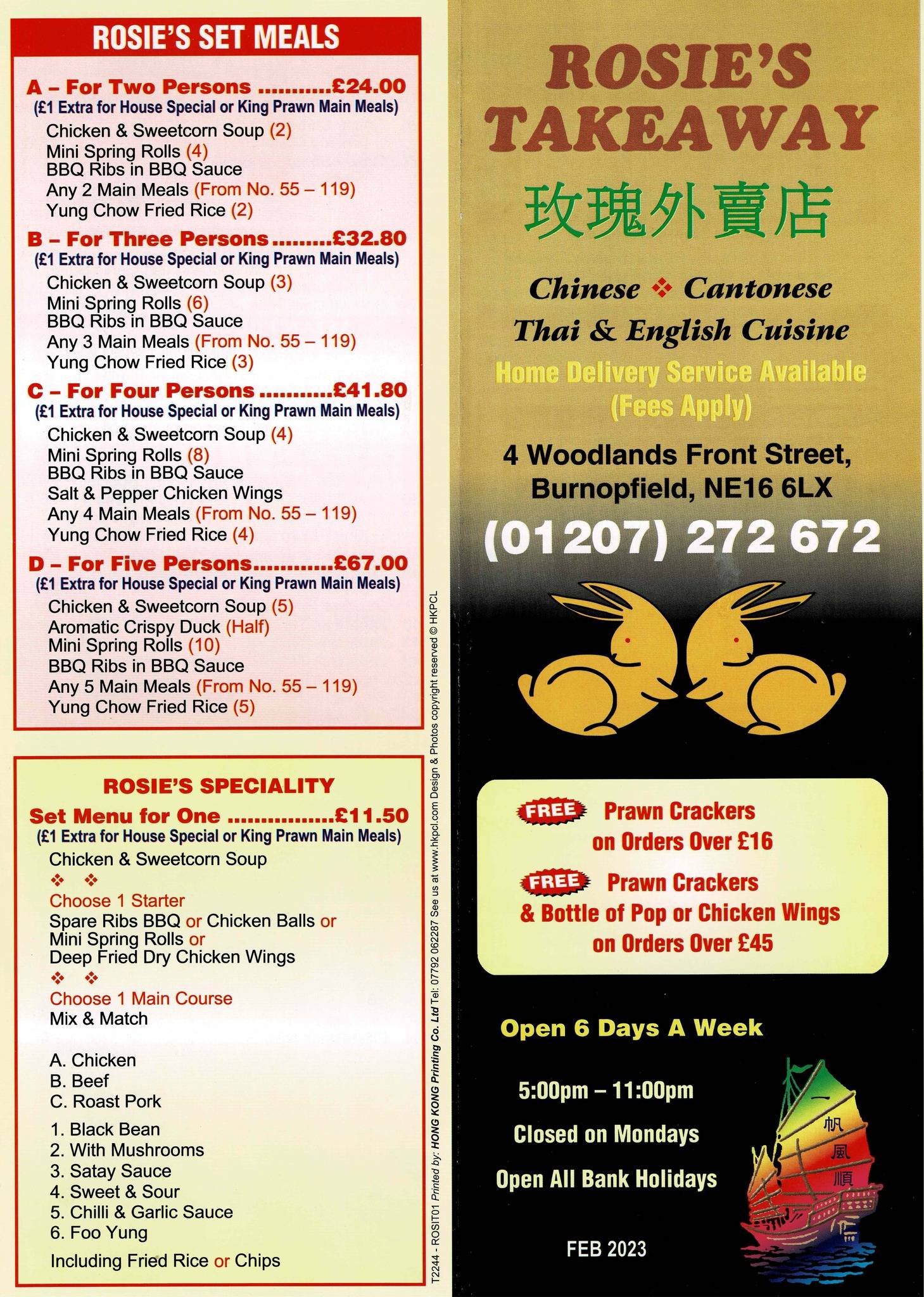 Menu at Rosie's Takeaway Burnopfield restaurant, Newcastle upon Tyne