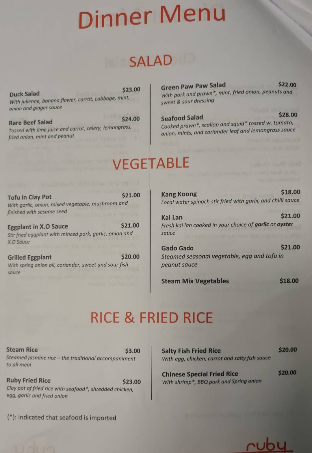 Menu at Ruby Vietnamese Restaurant, Darwin City
