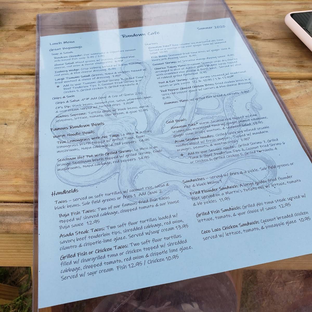 Menu at Rundown Cafe, Kitty Hawk