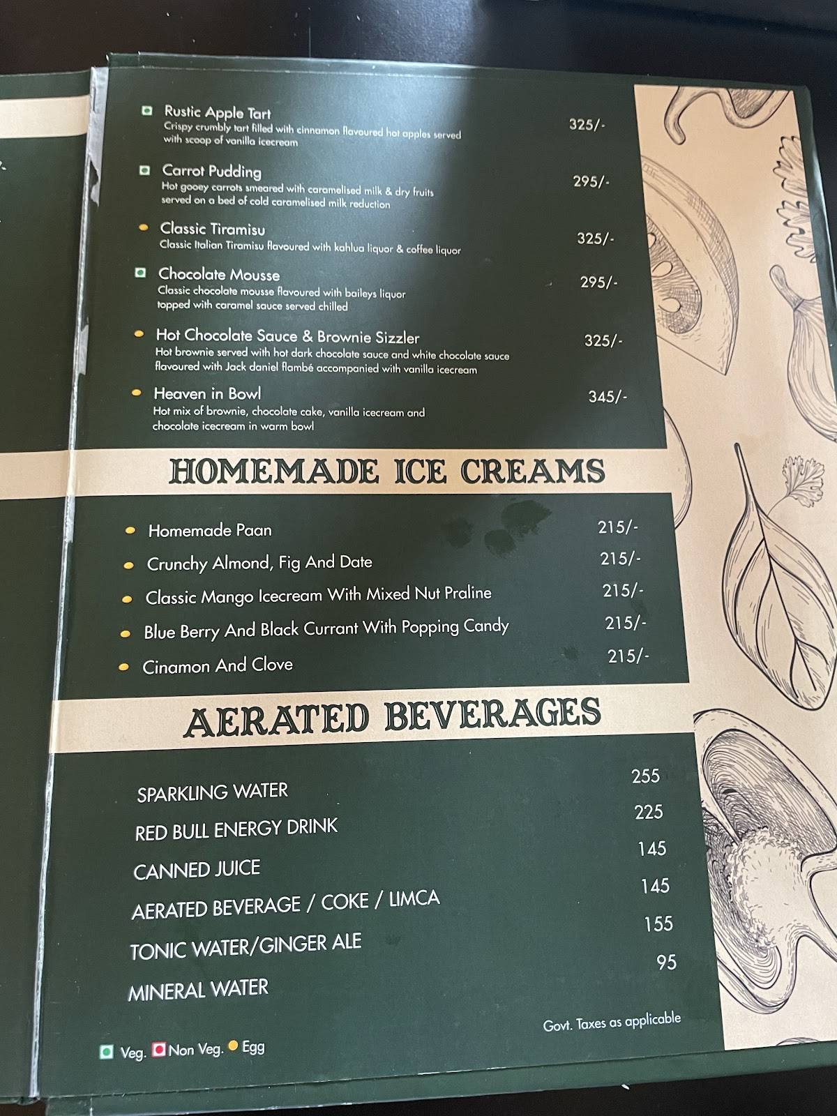 Menu at Rzekka Resort, India
