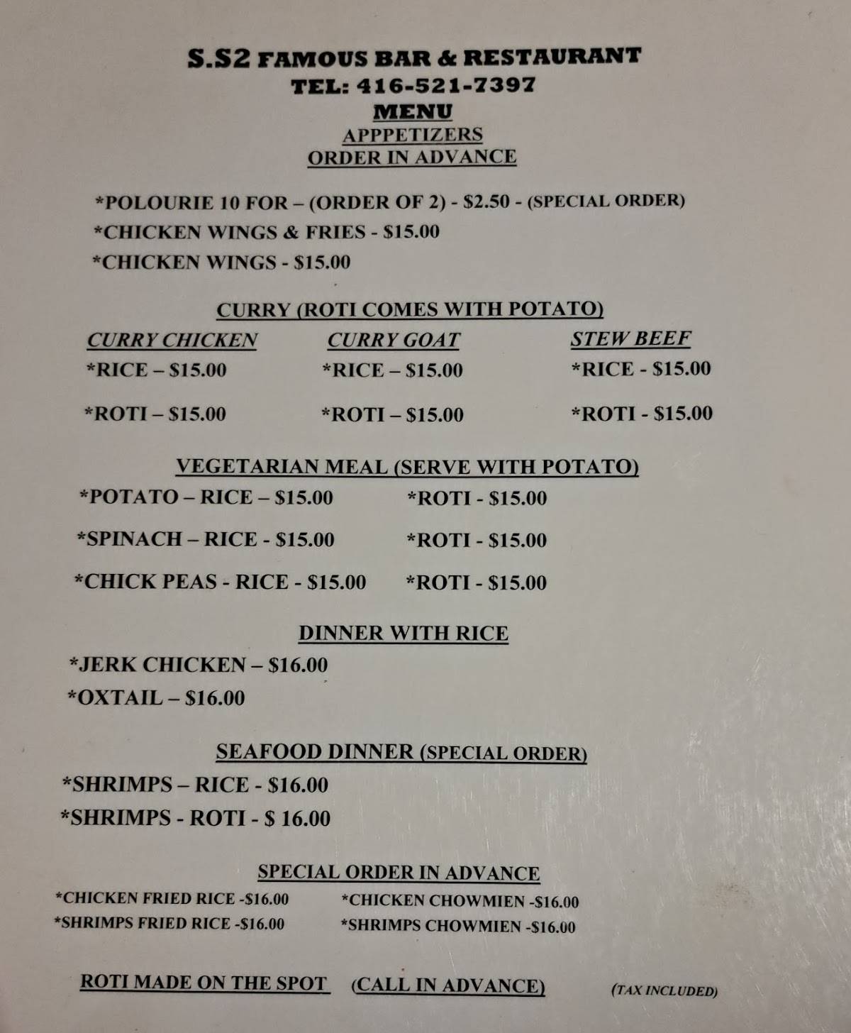 Menu at S.S 2 Famous Bar & Rest.(Curry & Roti), Toronto
