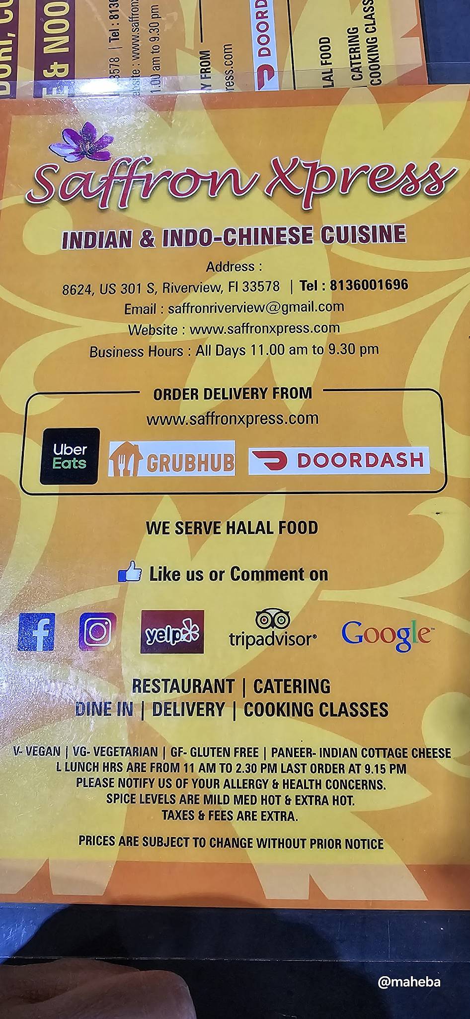 Menu at SAFFRON XPRESS INDIAN & INDO CHINESE CUISINE restaurant, Riverview