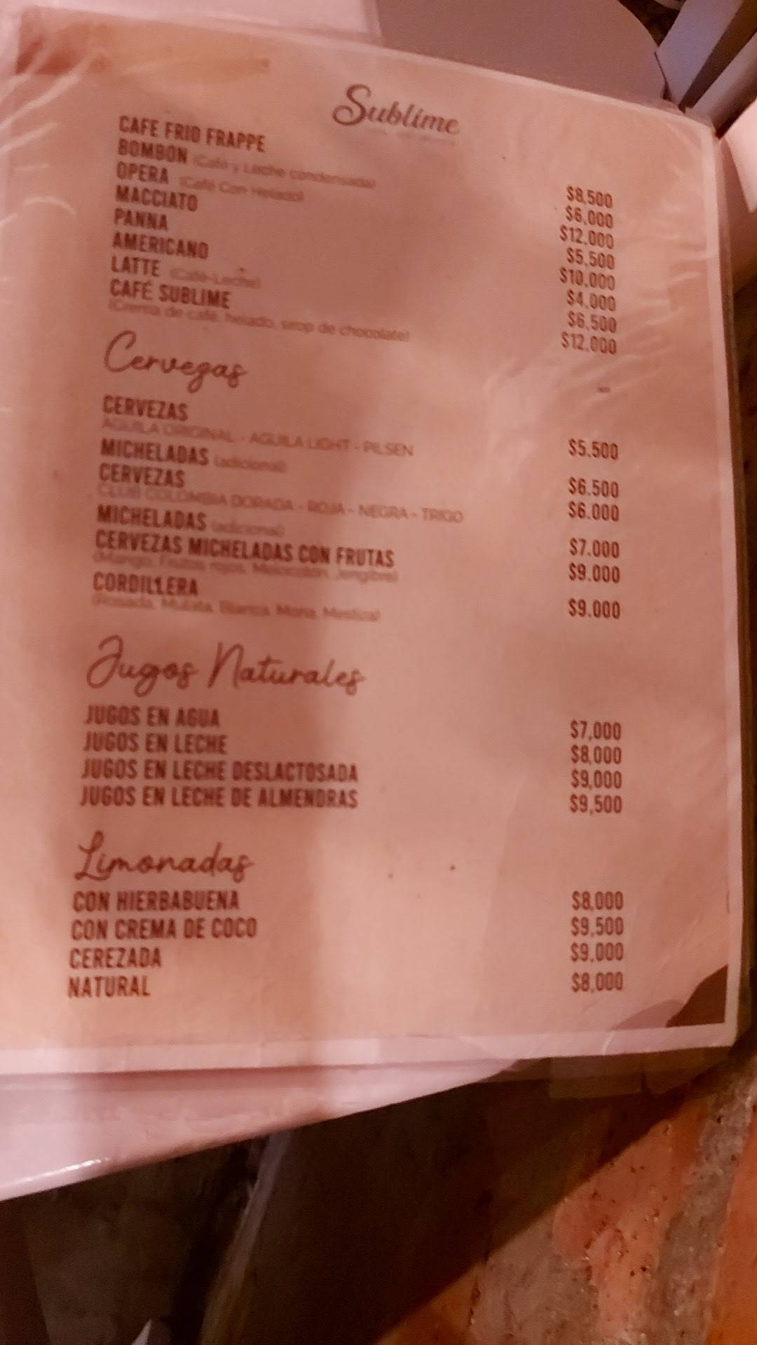 Carta del restaurante SUBLIME Santa Elena, Santa Elena