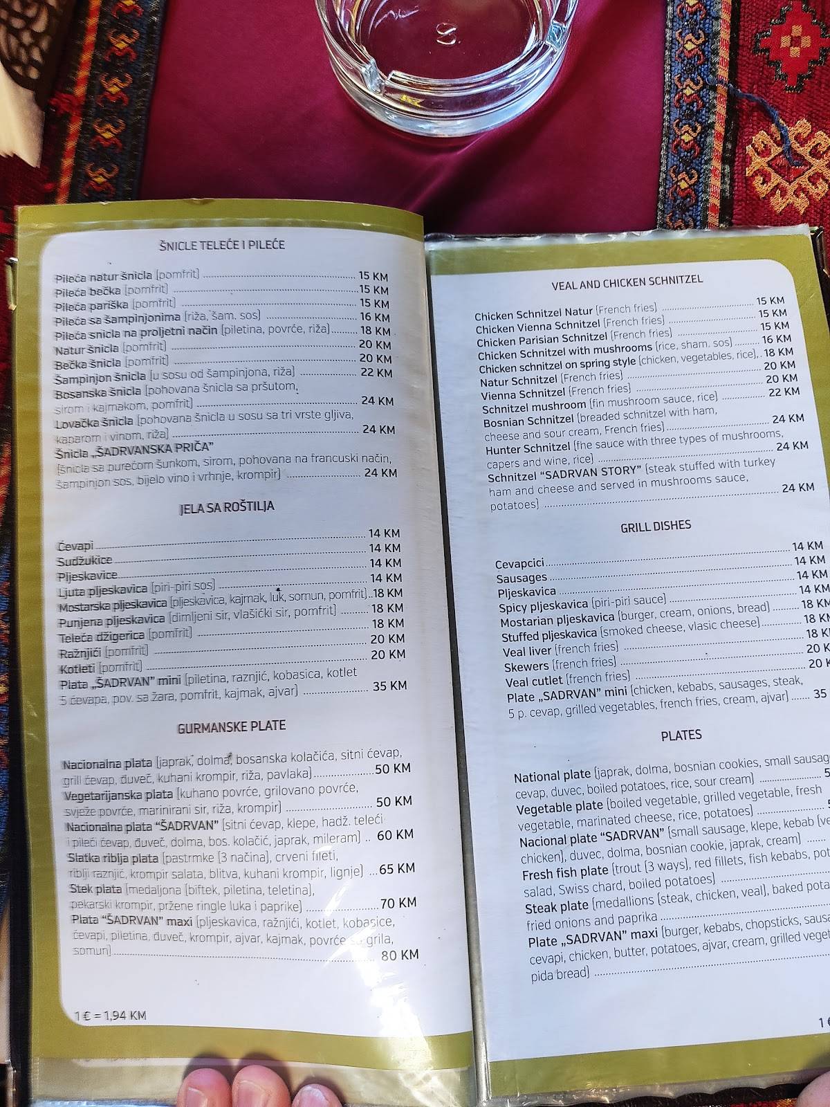 Menu au Restaurant Šadrvan, Mostar