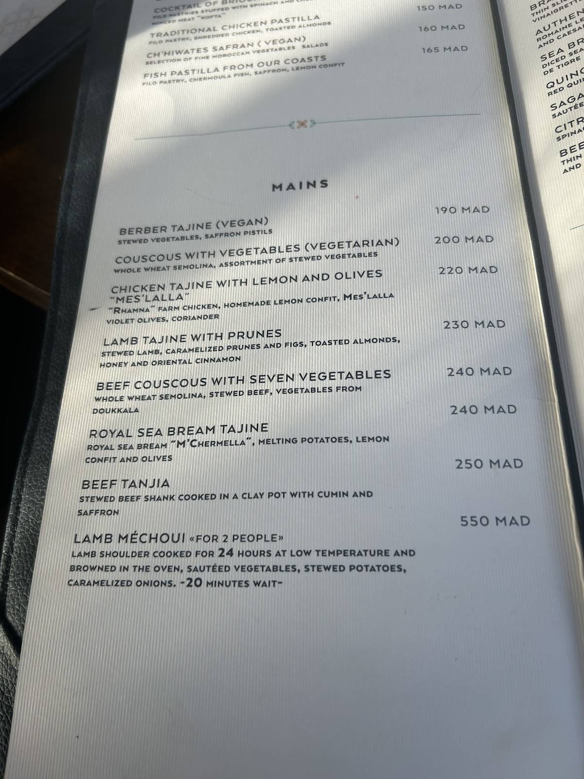 Menu au Safran by Koya restaurant, Marrakech