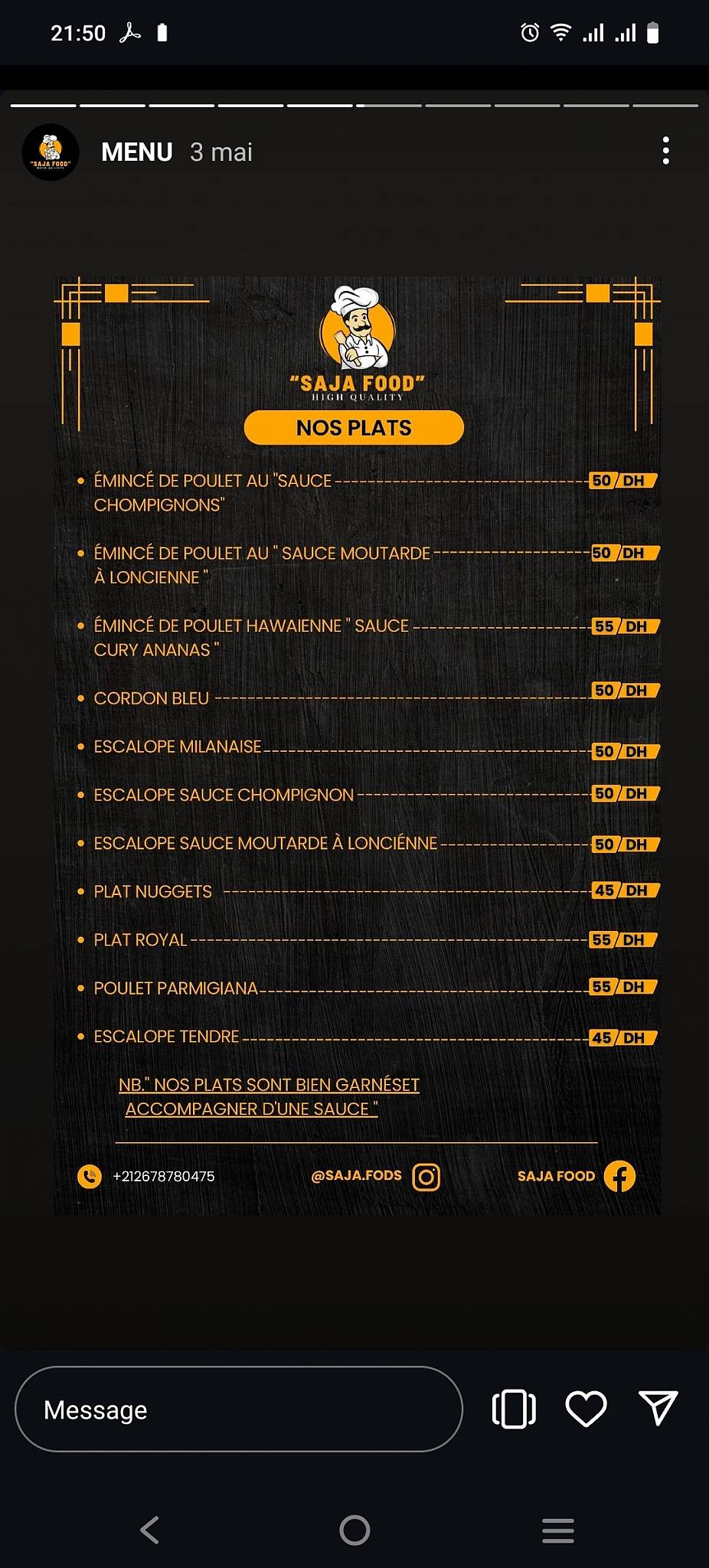 Menu au Saja Food restaurant, Salé