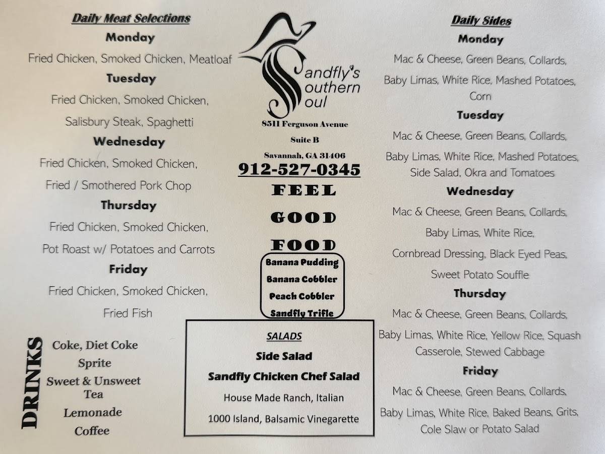 Menu at Sandfly's Southern Soul restaurant, Savannah