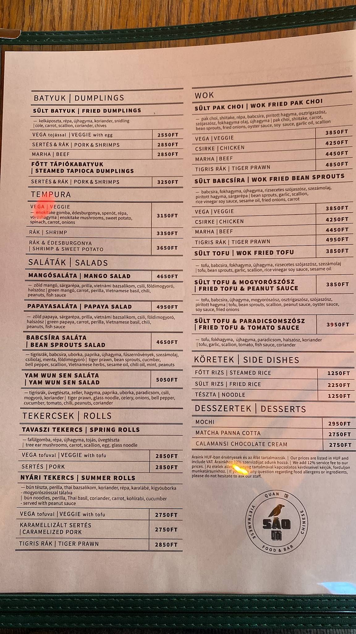 Menu at Sáo food&bar, Budapest