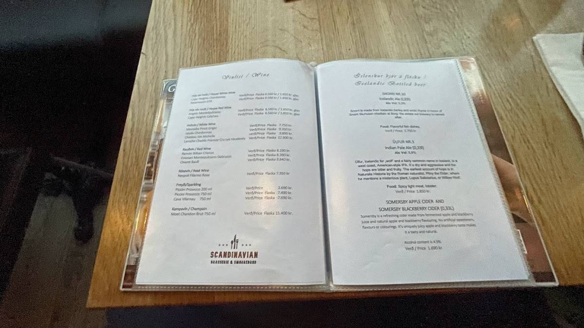 Speisekarte von Scandinavian Bistro restaurant, Reykjavík