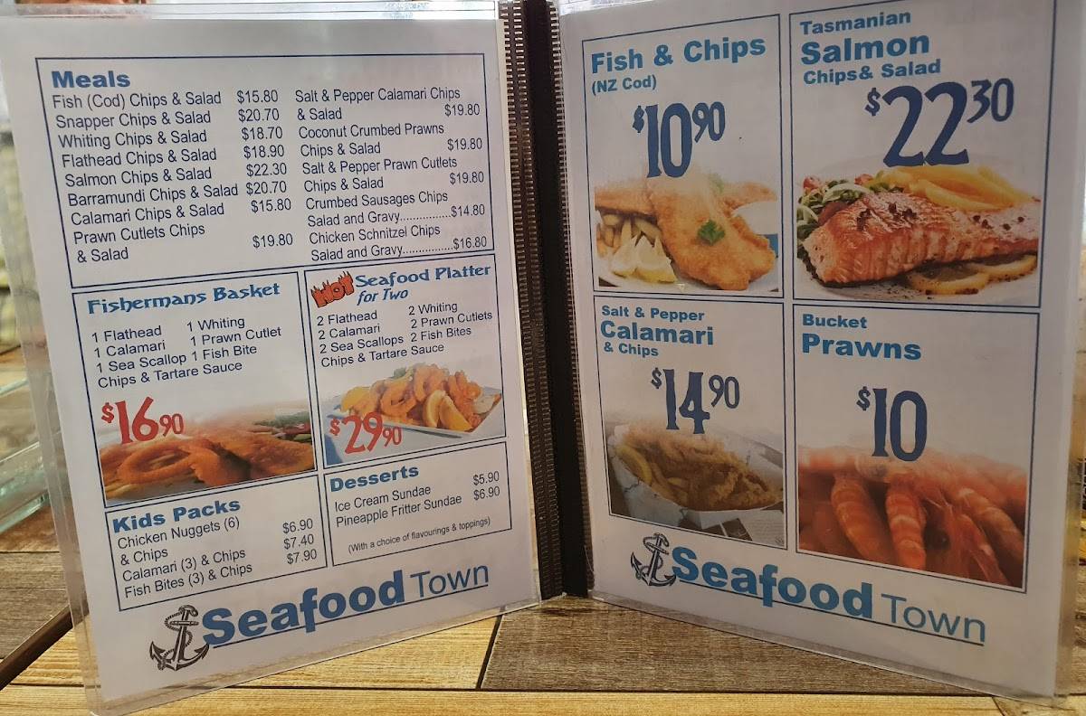 Menu at Seafood Town restaurant, Woody Point, 4/14 Oxley Ave