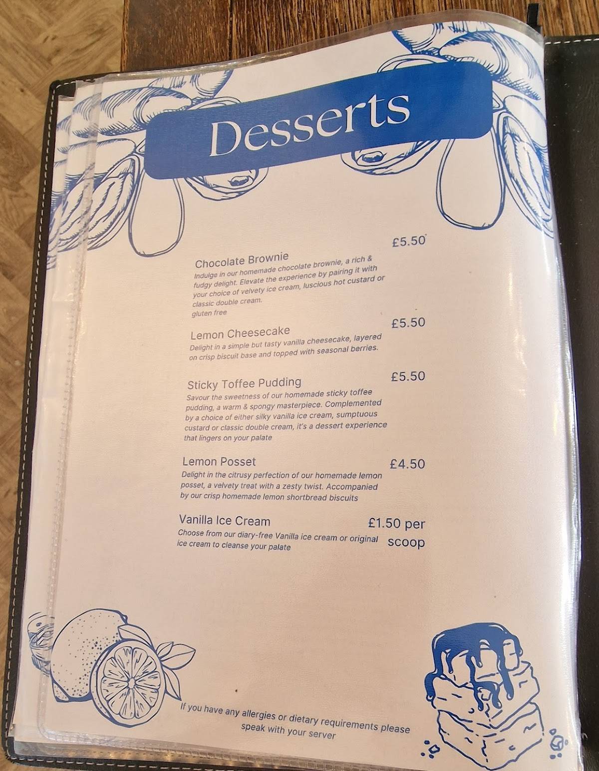 Menu at Seafood at dawn restaurant, West Mersea