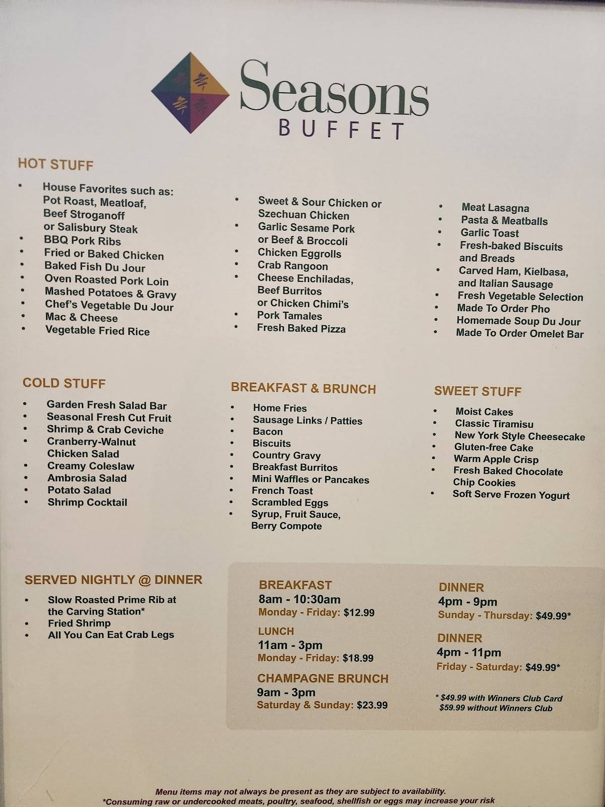 Menu at Seasons Buffet @ The Lodge Casino (Must be 21+) restaurant ...