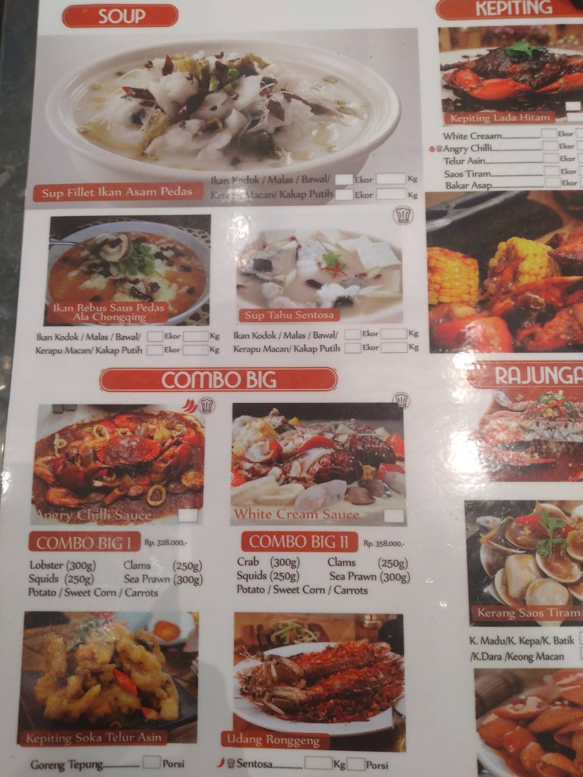 Menu at Sentosa Seafood One Belpark restaurant, South Jakarta