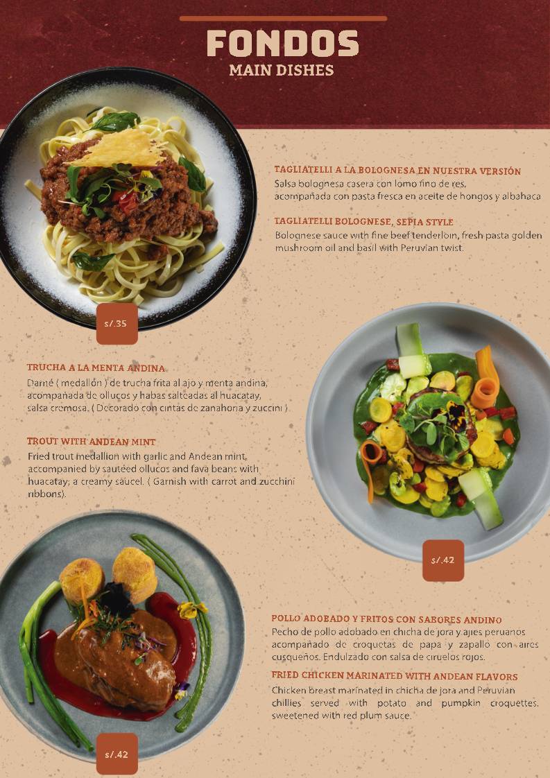 Menu at Sepia Cusco restaurant, Cusco, Zetas 390