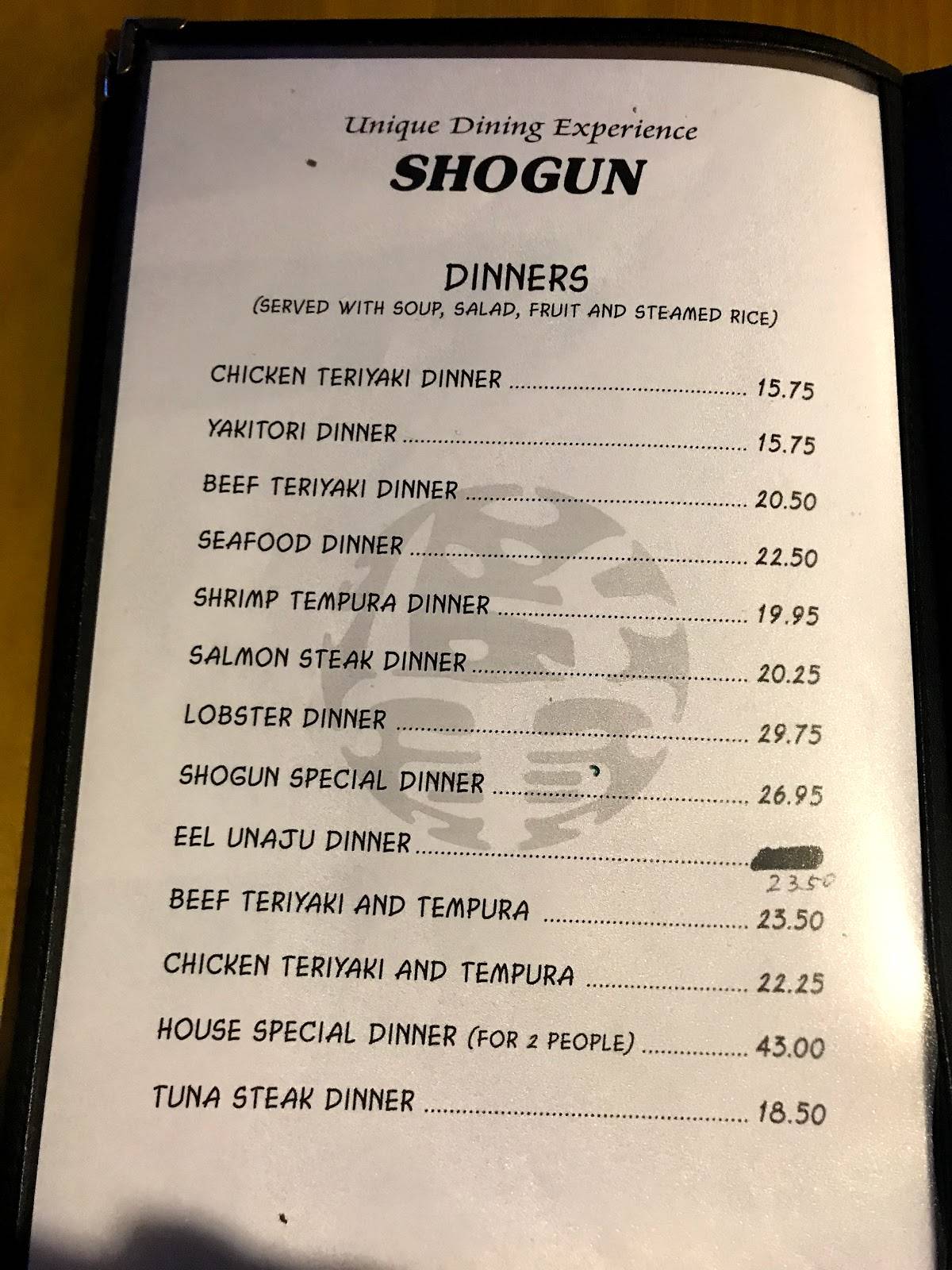Menu at Shogun restaurant, Metairie