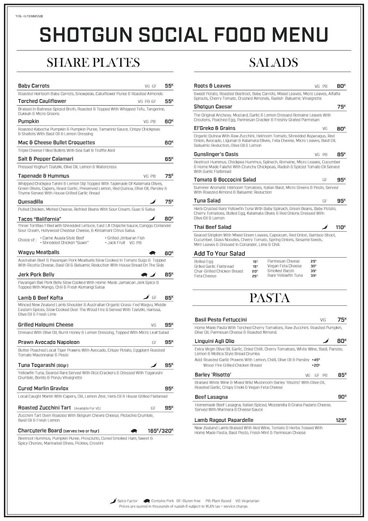 Menu at Shotgun Social Bali restaurant, Denpasar