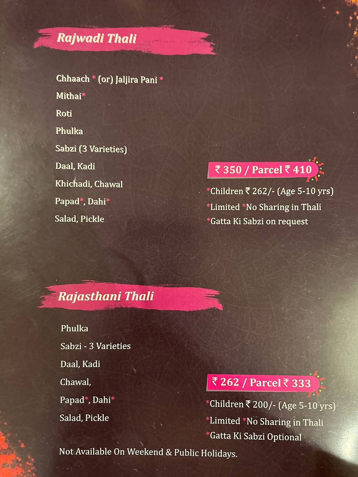 Menu at Shri Rajasthani Dhaba Restaurant, Chennai, 3rd Floor