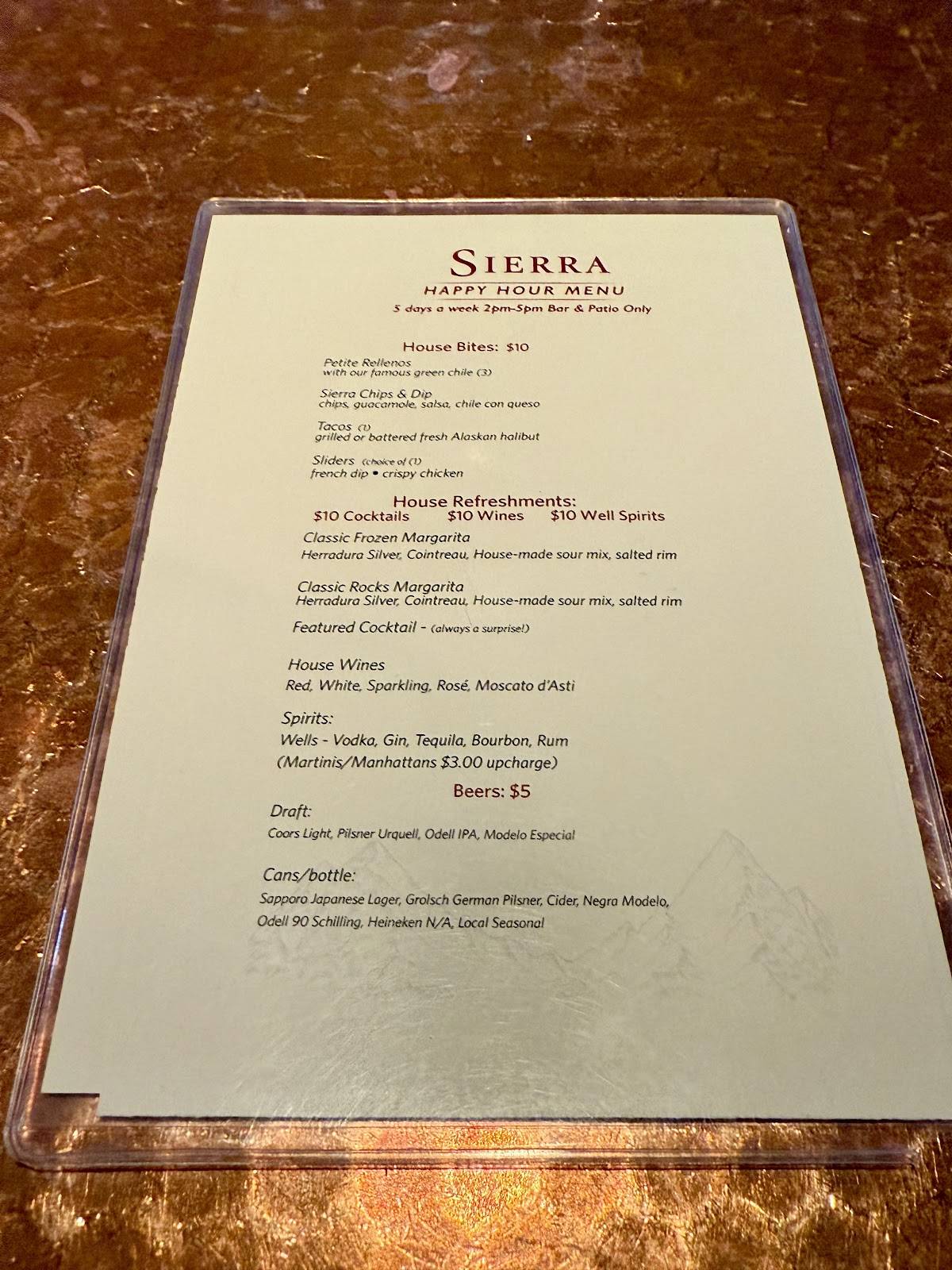 Menu at Sierra restaurant, Lone Tree