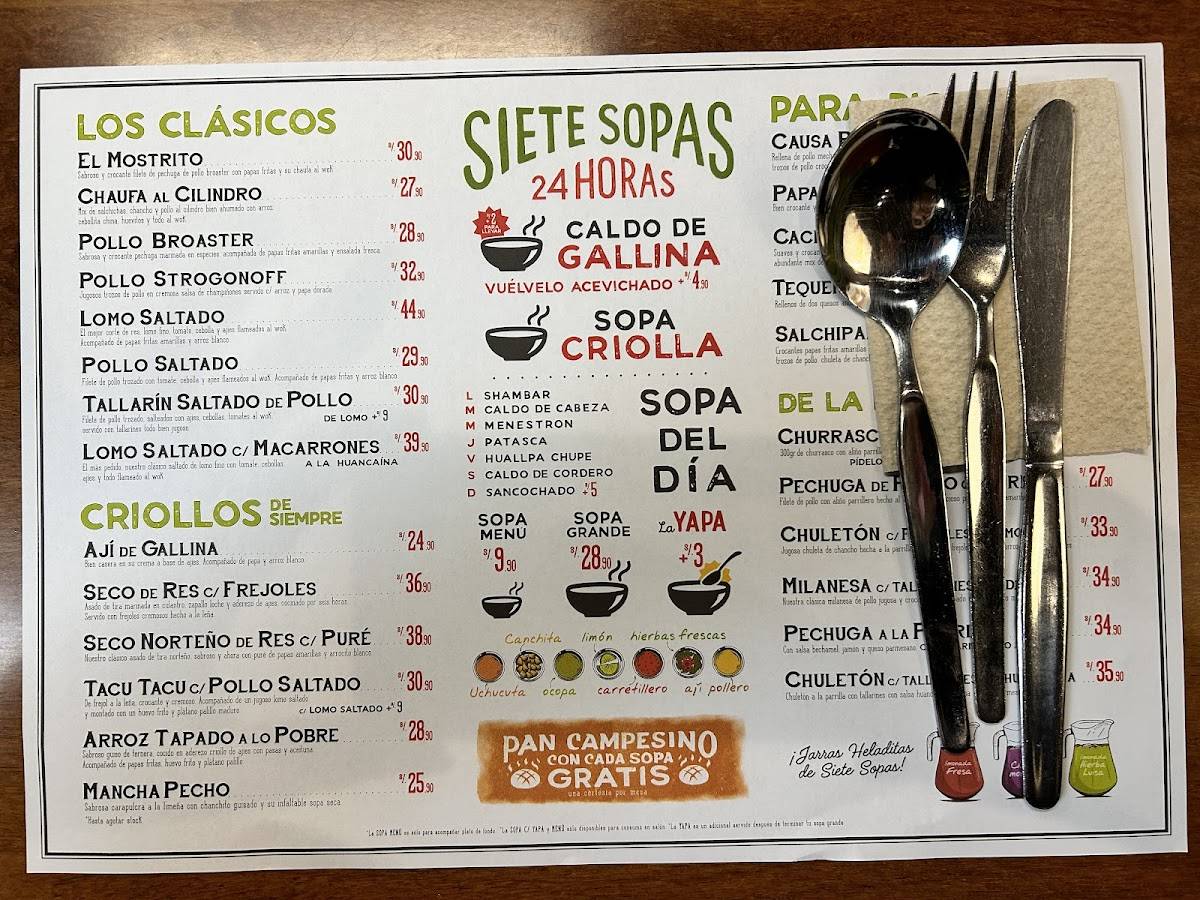 Menu at Siete Sopas Miraflores restaurant, Miraflores