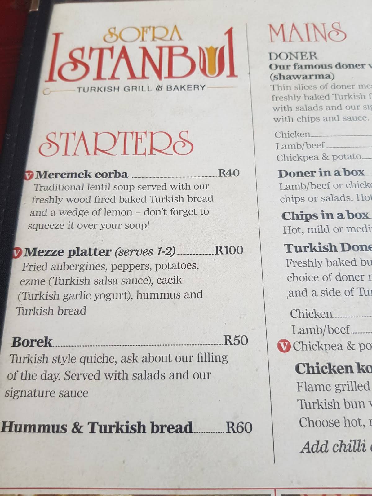 Menu at Sofra Istanbul Florida restaurant, Durban, 245 Florida Rd