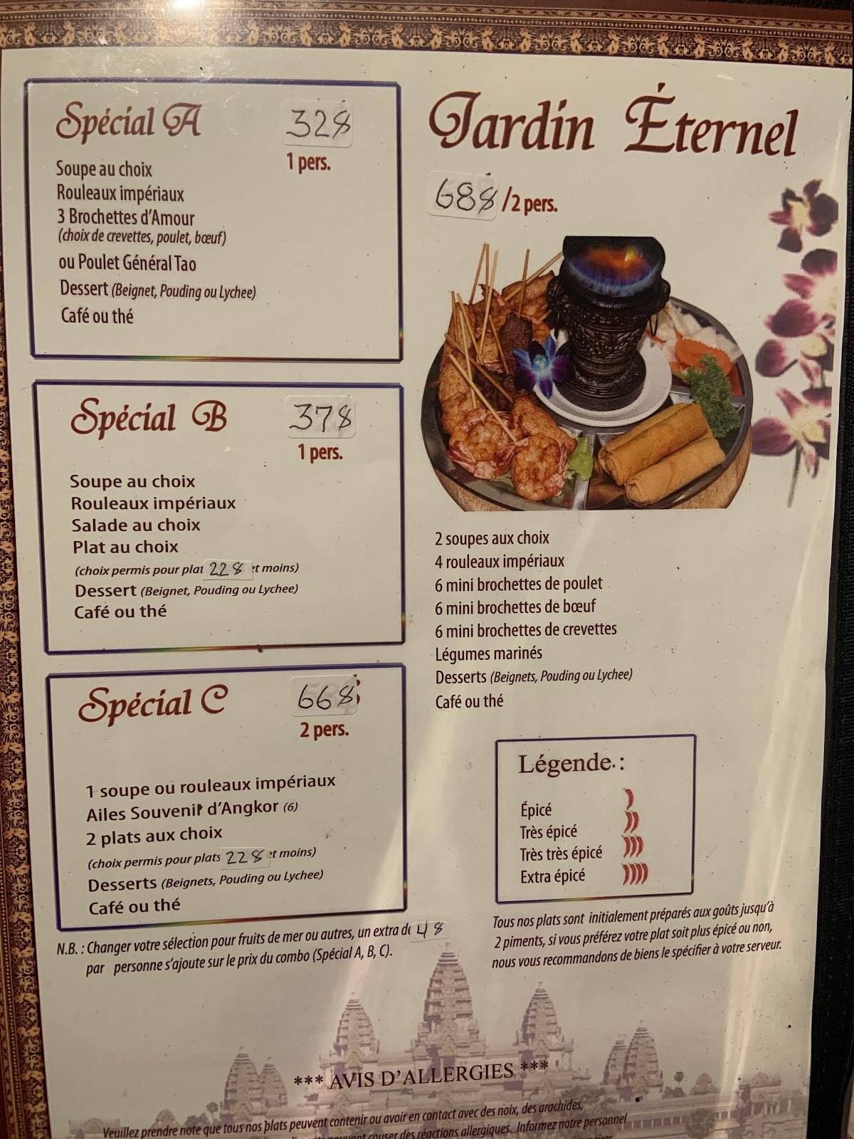 Menu au Restaurant Souvenir D'Angkor, Repentigny