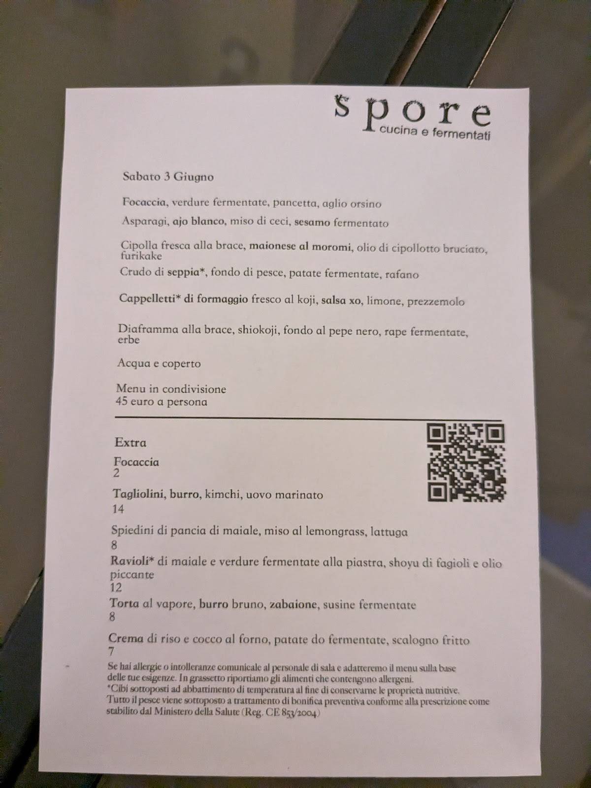 Menu at Spore restaurant, Milan
