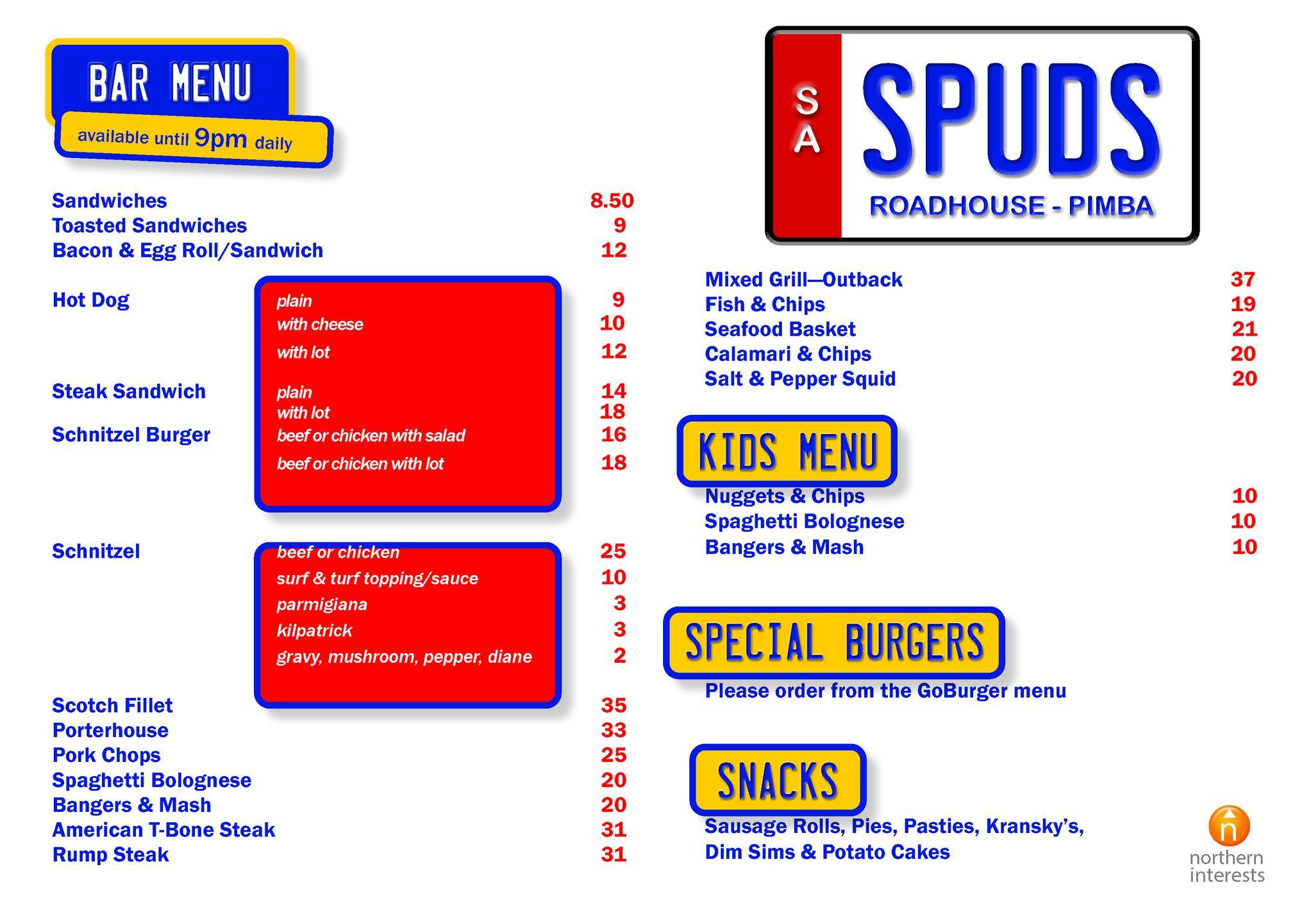 Menu at Spud's Roadhouse Pimba SA restaurant, Pimba