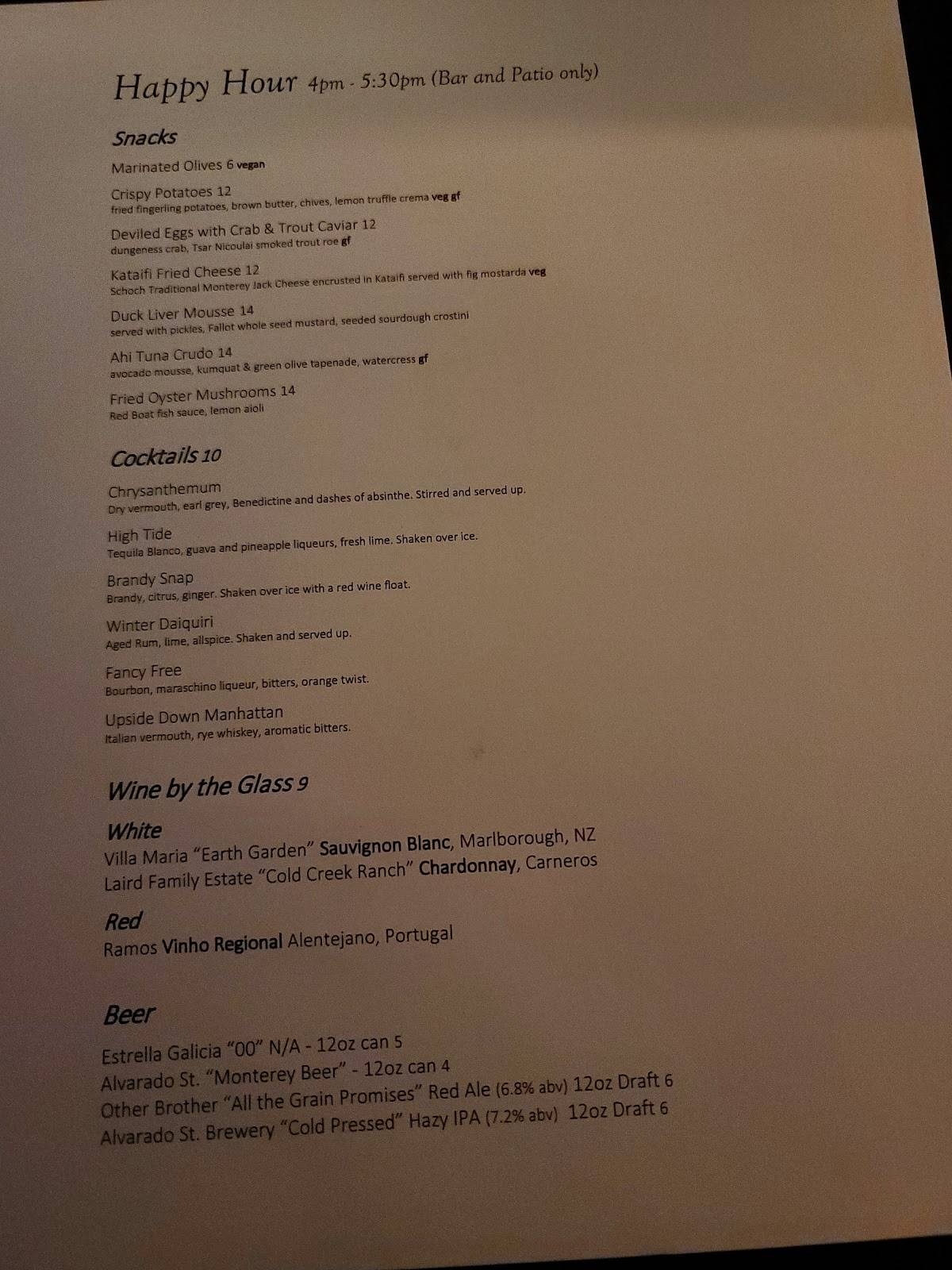 Menu at Stokes Adobe Restaurant, Monterey
