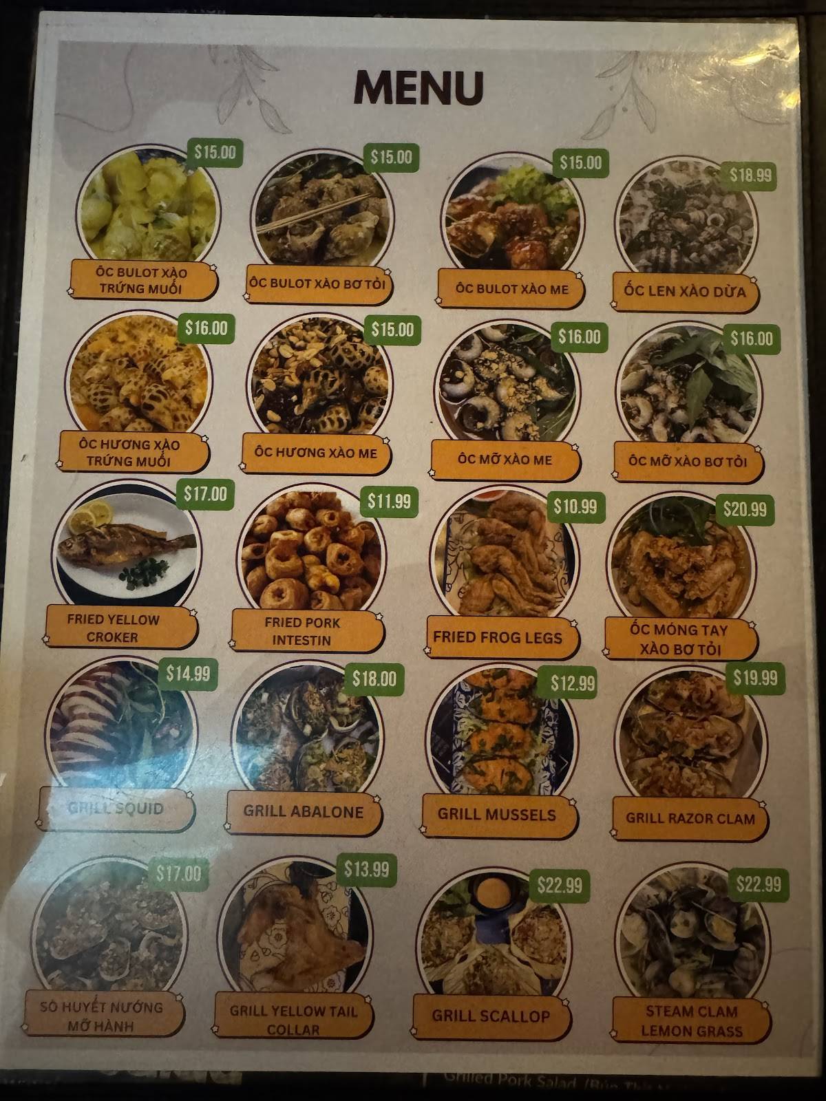Menu at Street Brothers Seafood restaurant, Nashville
