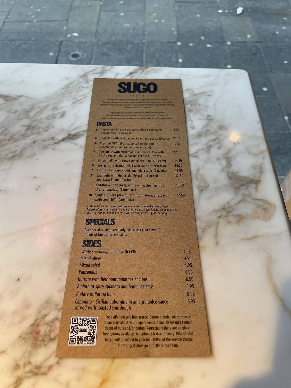Menu at Sugo Pasta restaurant, Glasgow