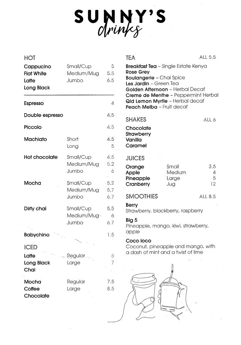 Menu at Sunny's Margate Beach restaurant, Margate