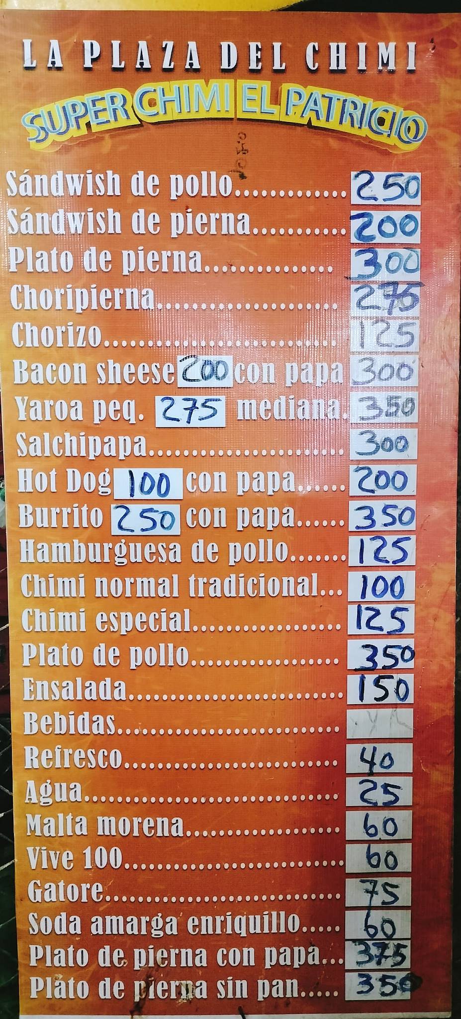 Carta del restaurante Súper Chimi El Patricio, Santo Domingo Este