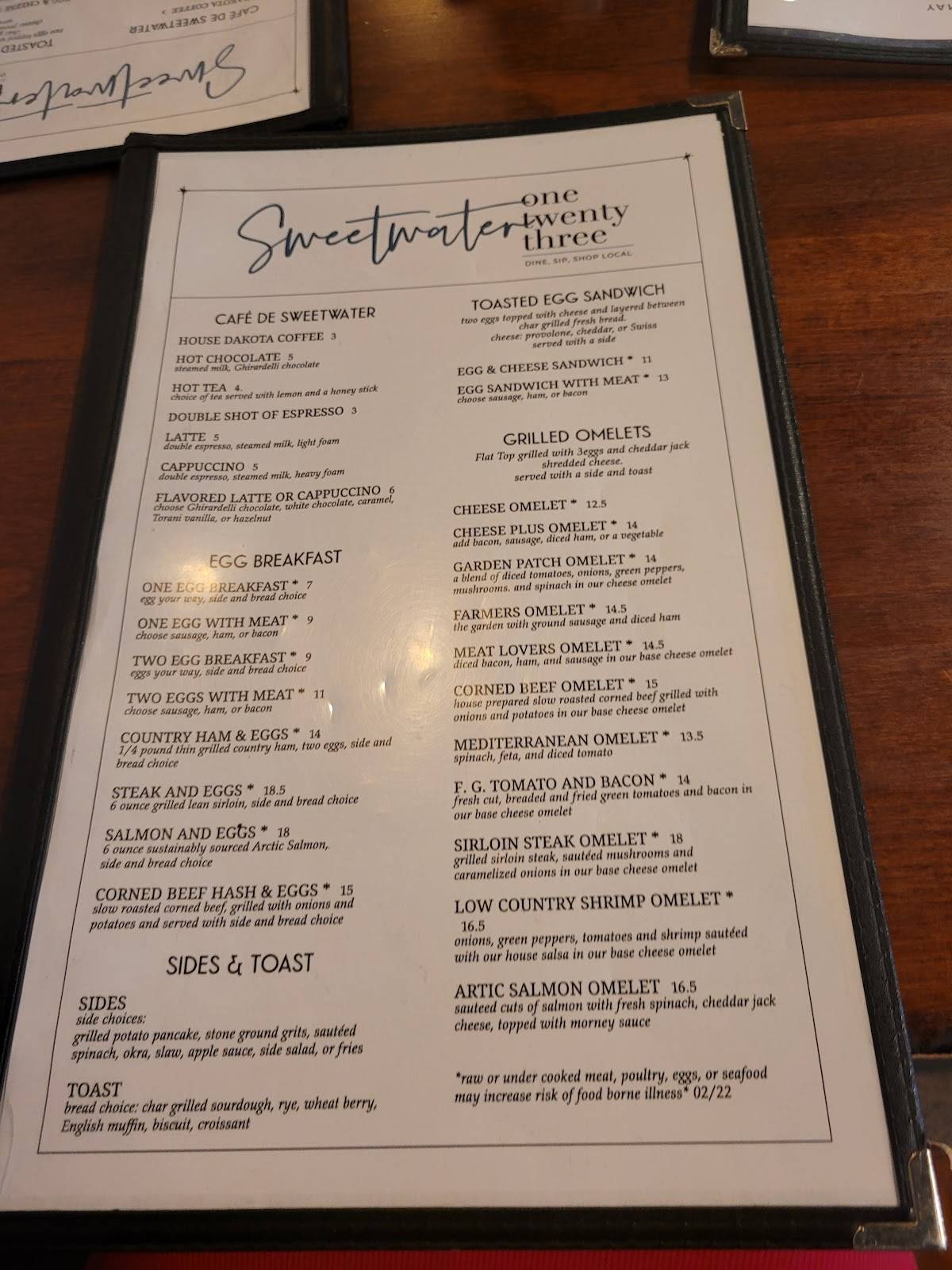 Menu at Sweetwater One Twenty Three restaurant, Summerville