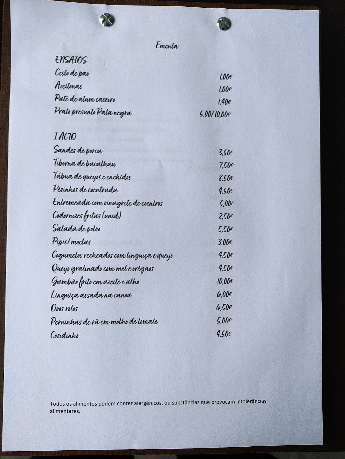 Carta del restaurante Taberna dos Artistas, Redondo