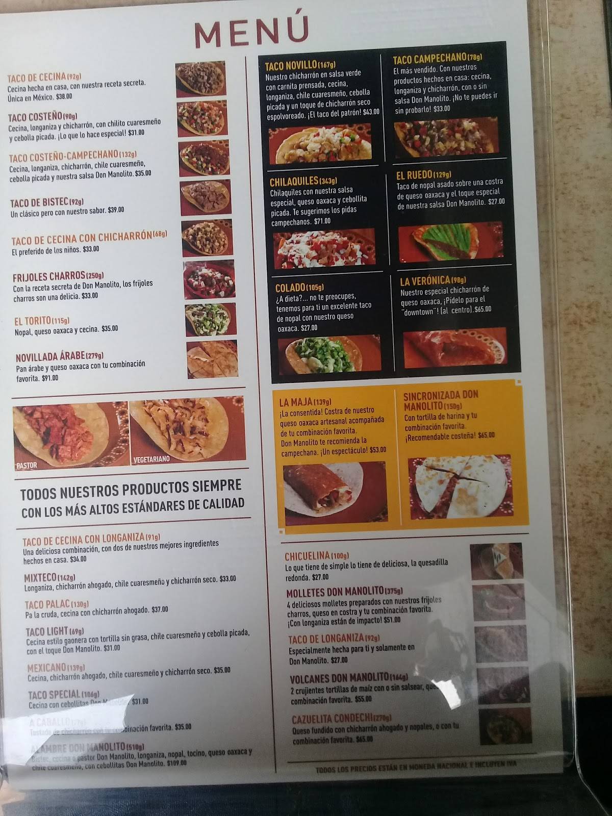 Menu at Tacos Don Manolito Pedregal restaurant, Mexico City, Av. de Las ...