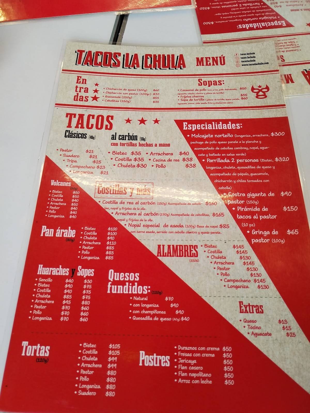 Carta del restaurante Tacos La Chula Revolución, Ciudad del México