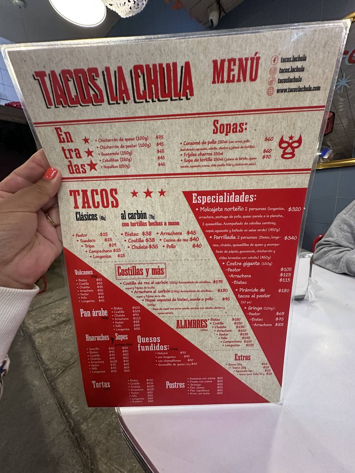 Carta del restaurante Tacos La Chula Revolución, Ciudad del México