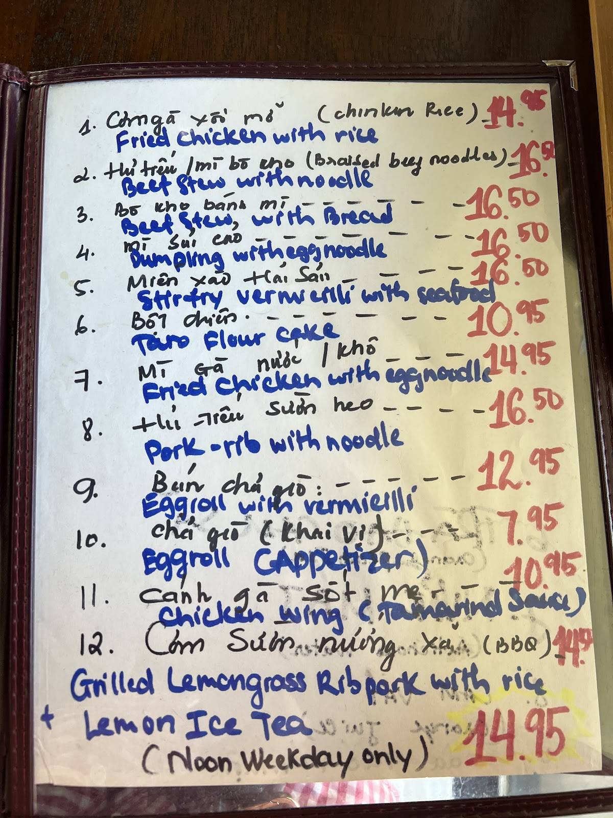 Menu at Tan Dinh Cafe, San Jose