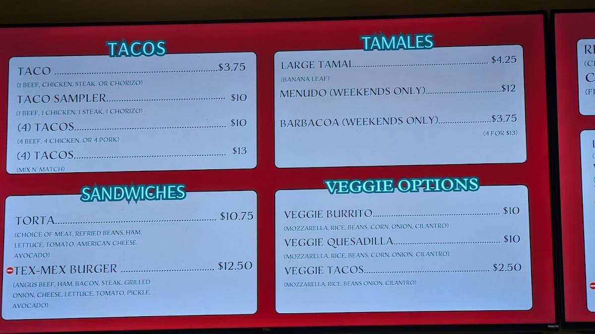 Menu at Taqueria El Texano restaurant, Three Rivers