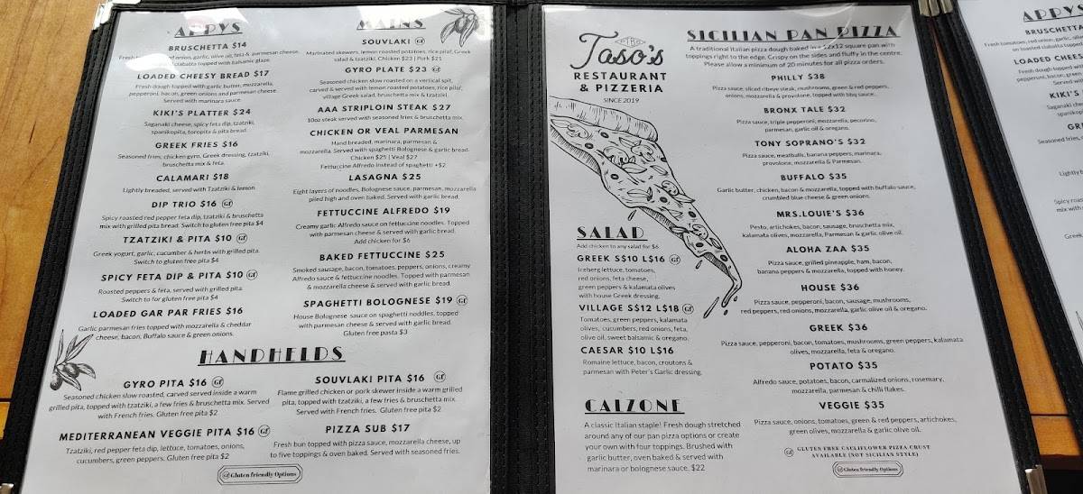 Menu at Taso's Restaurant and Pizzeria, Kawartha Lakes